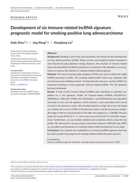 Pdf Development Of Six Immune‐related Lncrna Signature Prognostic Model For Smoking‐positive