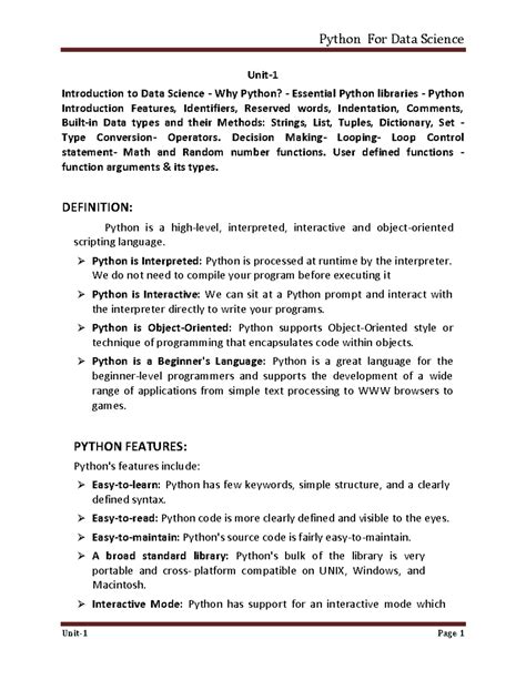 Unit 1 Python For Data Science Key Concepts And Features Studocu