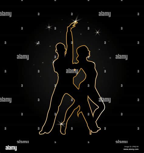 Dancers Couple Black Silhouettes Golden Outline On A Black Background