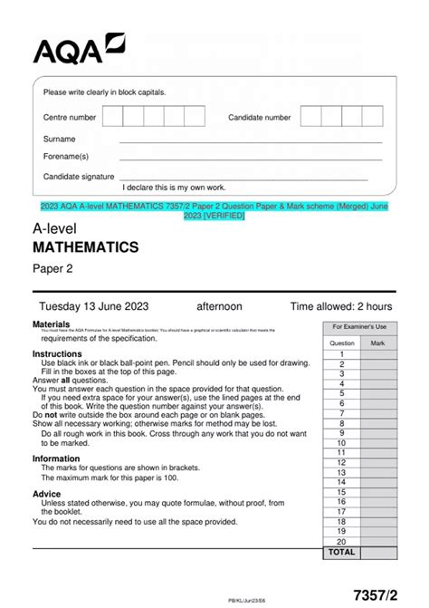 AQA A Level MATHEMATICS Paper Question Paper Mark Scheme Merged June