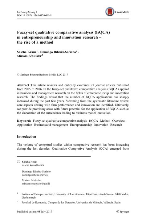 Pdf Fuzzy Set Qualitative Comparative Analysis Fsqca In Entrepreneurship And Innovation