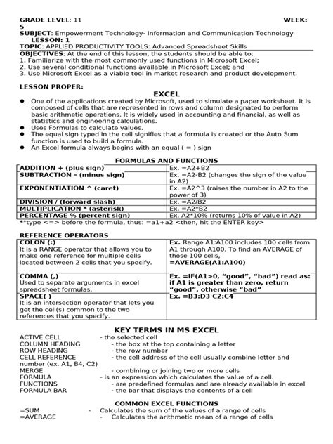 Lesson 1 Week 5 E Tech Pdf Microsoft Excel Spreadsheet