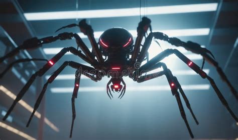 A Robotic Spider Hangs From The Ceiling In A Futuristic Setting Stock Illustration