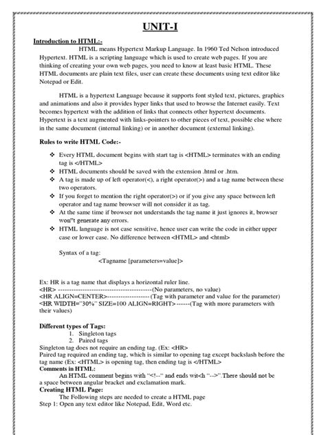 Unit-I: Introduction To HTML | PDF | Hyperlink | Html Element