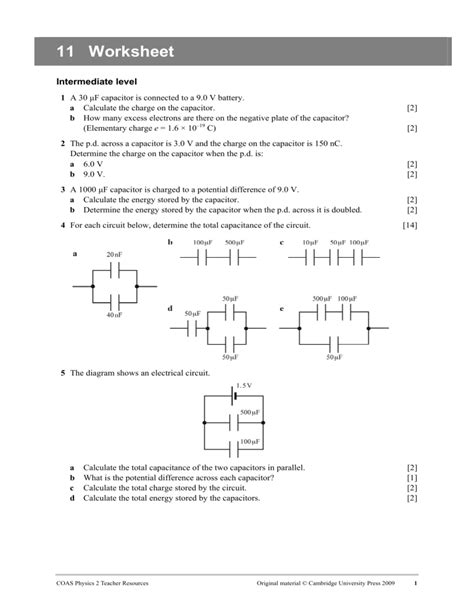 Capacitor Circuits Worksheet Charge Energy Capacitance