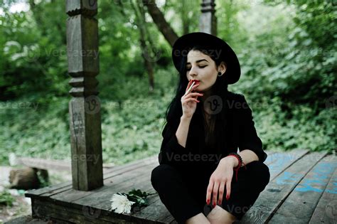 Sensual Smoker Girl All In Black Red Lips And Hat Goth Dramatic Woman