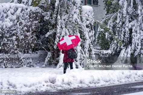 눈 내리는 겨울 날 스위스 마을 취리히에서 스위스 십자가가 달린 우산을 들고 깊은 눈 속에서 보도에서 깨어나는 여자의 뒷모습 가리기에 대한 스톡 사진 및 기타 이미지