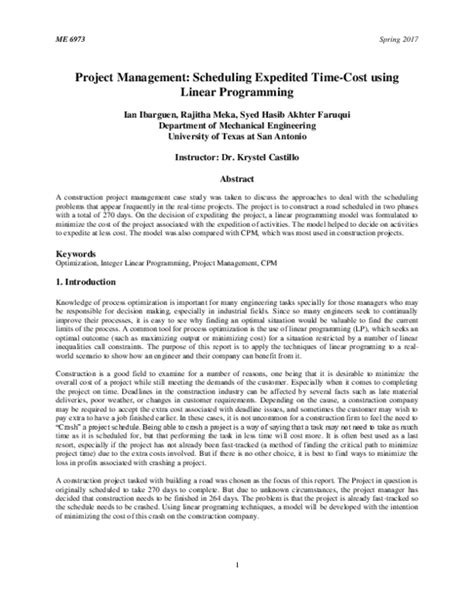 Pdf Project Management Scheduling Expedited Time Cost Using Linear