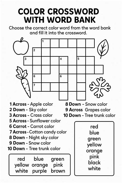 Color Crossword With Word Bank Worksheet Download And Print Now