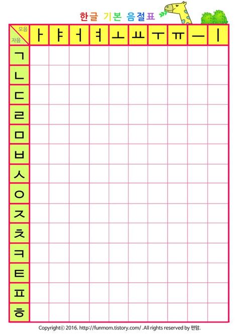 어린이 한글음절표 프린트하기 어휘 학습 활동 홈스쿨