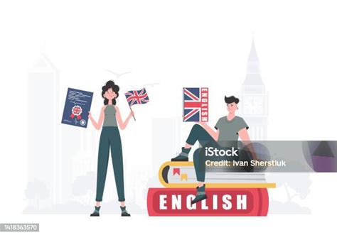 영어 학습의 개념 여성과 남성 영어 교사 트렌디 한 평면 스타일 벡터로 된 그림 가상현실에 대한 스톡 벡터 아트 및 기타 이미지 가상현실 관광객 교습 Istock
