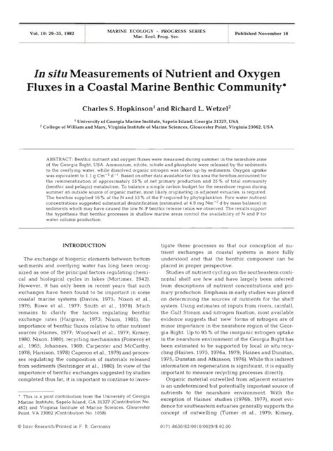 Pdf In Situ Measurements Of Nutrient And Oxygen Fluxes In A Coastal Marine Benthic Community