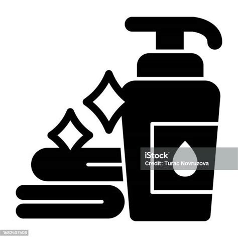 액체 비누와 깨끗한 수건 단단한 아이콘 메이크업 루틴 개념 흰색 배경에 욕실 표지판의 위생 제품 수건과 병 비누 아이콘 글리프