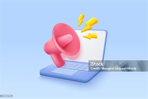 승진 발표를 위한 3d 메가폰 스피커 또는 확성기 불혼 소셜 미디어에 노트북이 있는 확성기 확성기 스피커폰 3d 노트북 벡터
