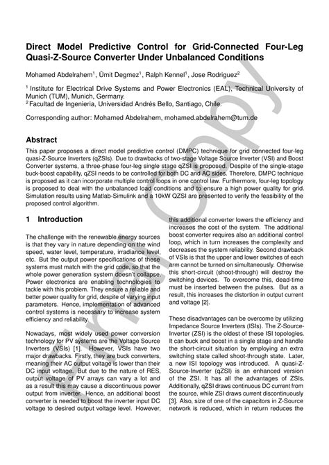 Pdf Direct Model Predictive Control For Grid Connected Four Leg Quasi