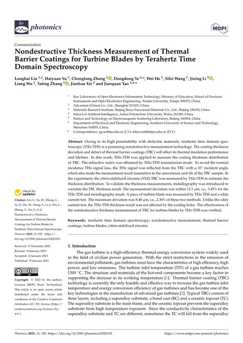 Pdf Nondestructive Thickness Measurement Of Thermal Barrier Coatings For Turbine Blades By