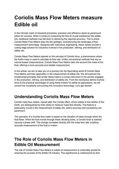 Coriolis Mass Flow Meters Measure Edible Oil Docx