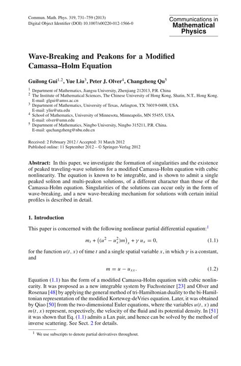 Pdf Wave Breaking And Peakons For A Modified Camassaholm Equation
