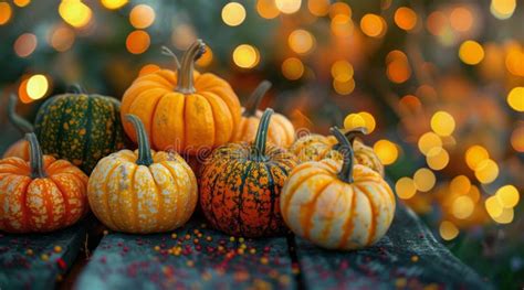 Pumpkins On Wooden Deck With Autumn Leaves And String Lights Stock