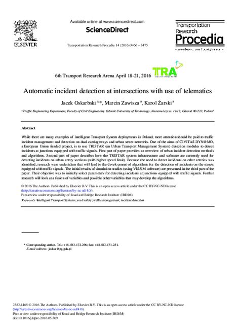 Pdf Automatic Incident Detection At Intersections With Use Of Telematics