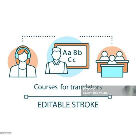 번역 서비스 개념 아이콘입니다 번역가를위한 과정은 얇은 라인 일러스트를 아이디어 통역사 전문 교육 언어 학습 수업 벡터 절연 윤곽선 도면 편집 가능한 스트로크 강사에 대한