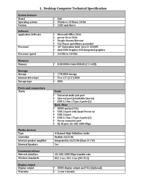 Desktop Computer Technical Specification Pdf Printer Computing Usb