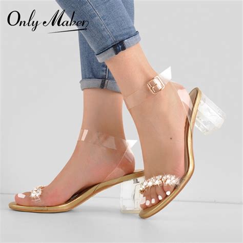 Onlymaker 여성용 핍 토 Pvc 발목 클리어 스트랩 라인석 투명 퍼스펙스 청키 힐 골드 및 블랙 버클 샌들 하이힐 Aliexpress