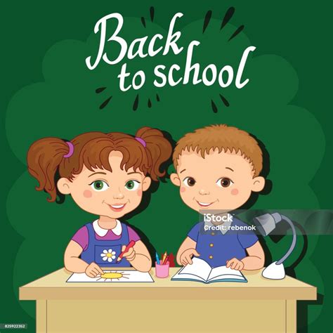 Lucu Murid Duduk Di Meja Baca Menggambar Kartun Tanah Liat Ilustrasi