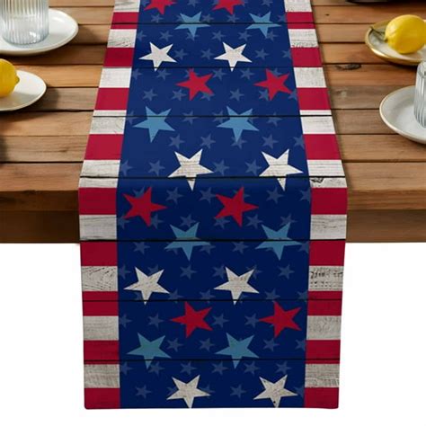 4th Of July Cotton Linen Table Runner For Dining Kitchen Star Red