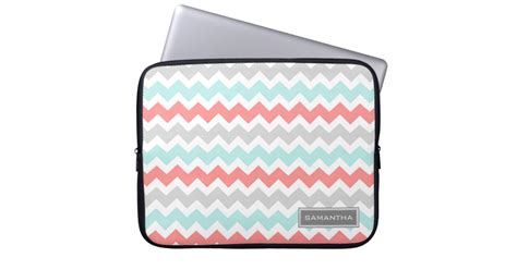 Laptop Coral Teal Chevron Custom Name Laptop Sleeve Zazzle