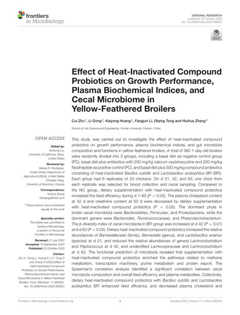 Pdf Effect Of Heat Inactivated Compound Probiotics On Growth Performance Plasma Biochemical