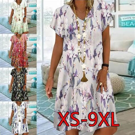 여성 캐주얼 루즈 드레스 플러스 사이즈 V넥 반팔 드레스 프린트 드레스 Xs 9xl 2022 여름 Aliexpress
