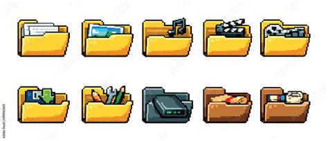 Pixel Folder Icon Collection For Media And Documents With Photo Music