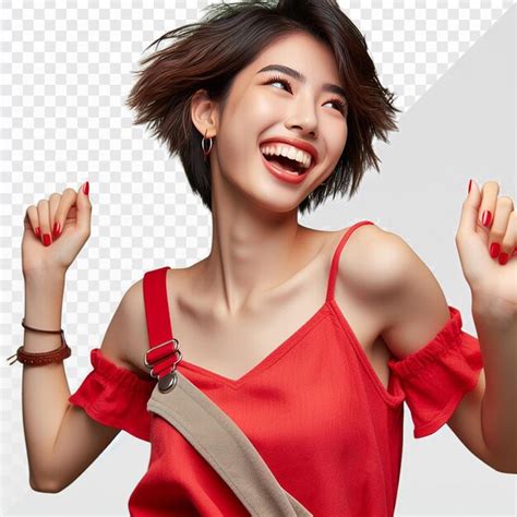 Red Clothed Oriental Woman Model Dancing Shaking Laughing Isolated