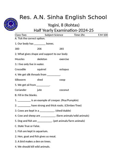 Class 2 Science Half Yearly Exam 2024 25 Pdf