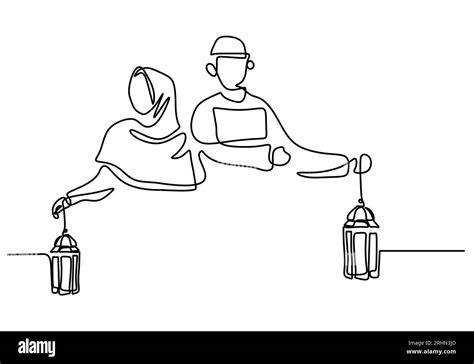 One Continuous Single Line Of Muslim Couple Bring Lanterns Isolated On White Background Stock