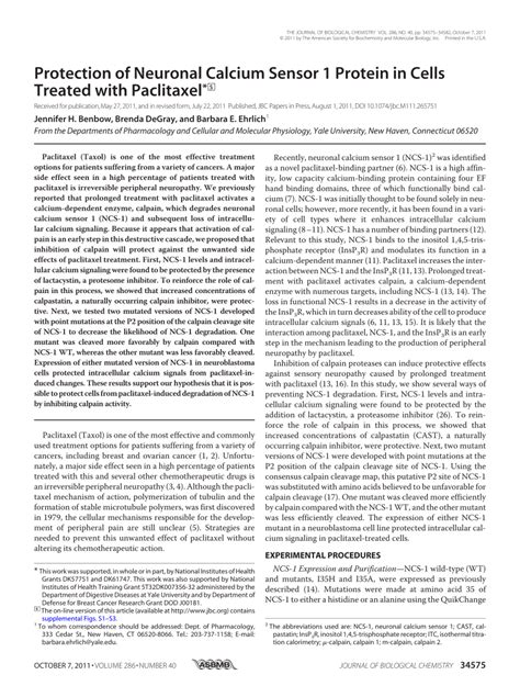 Pdf Protection Of Neuronal Calcium Sensor 1 Protein In Cells Treated With Paclitaxel