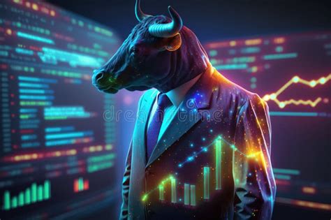 Bull Wearing Suit Working With Graph On Screen Bullish In Stock Market
