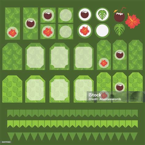 인쇄용 세트 여름 파티 요소입니다 템플릿 레이블 아이콘 플래그 및 랩 팜 리프 배경 0명에 대한 스톡 벡터 아트 및 기타 이미지 0명 관광 기후 묘사 Istock