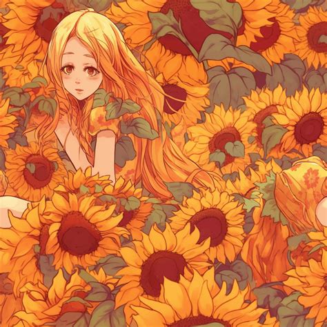Anime Style Sunflower With Anime Girl Seamless Pattern Etsy