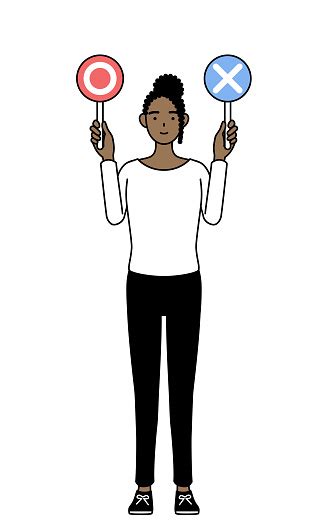 Africanamerican Woman Holding A Placard Indicating Correct And Incorrect Answers Stock