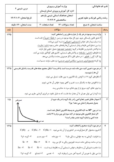امتحان هماهنگ شیمی 2 پایه یازدهم تجربی و ریاضی فیزیک استان لرستان در