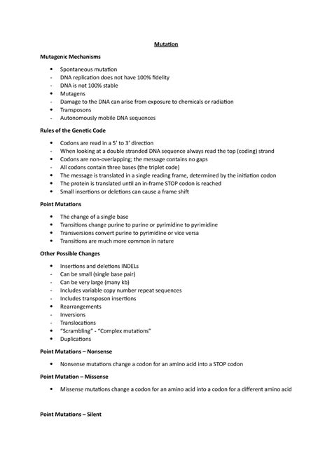Mutation Lecture Notes 1 Mutation Mutagenic Mechanisms Spontaneous Mutation DNA Replication