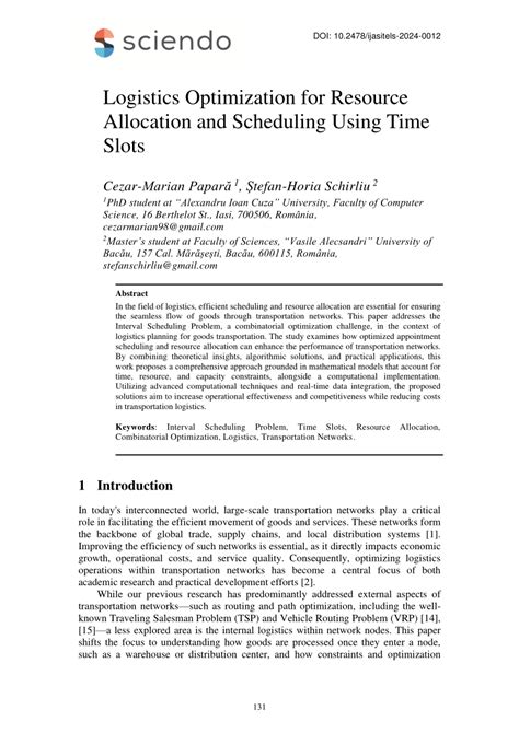 Pdf Logistics Optimization For Resource Allocation And Scheduling Using Time Slots