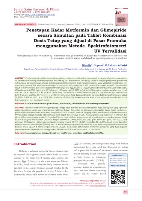 Pdf Simultaneous Determination Of Metformin And Glimepiride In Fixed