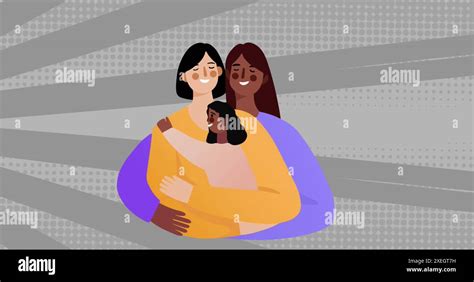 Image Of Diverse Lesbians Coupe Holding A Daughter Icon Against Radial Grey Background Stock