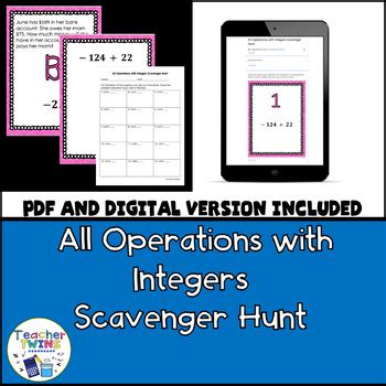 Integer Operations Add Subtract Multiply And Divide Integers Scavenger Hunt