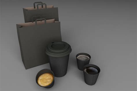 회색 배경에 검은 종이 쇼핑 백과 커피 컵세트 3d 렌더링 0명에 대한 스톡 사진 및 기타 이미지 0명 3차원 형태 가방 Istock