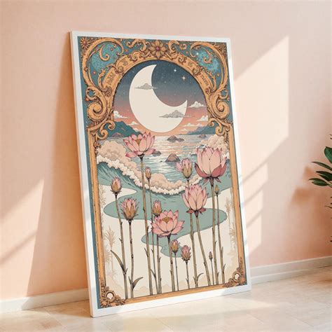 Crescent Moon Tide Lotus Art Nouveau Print Coastal Sunset Seascape