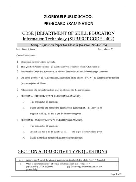 Cbse 10th It Sample Paper 2024 25 Pdf Spreadsheet Microsoft Excel